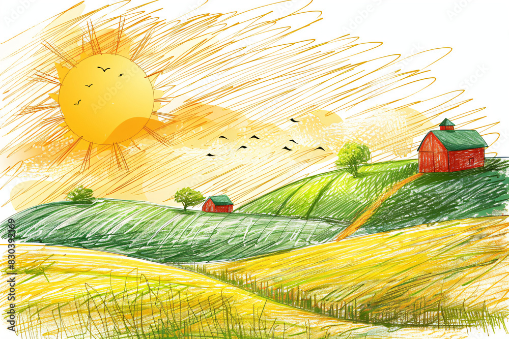 Rural landscape with a farm on field. Beautiful nature with sunny green ...