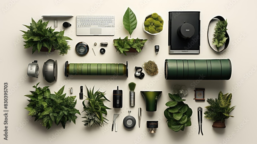 Green technology gadgets, flat design, top view, renewable energy ...