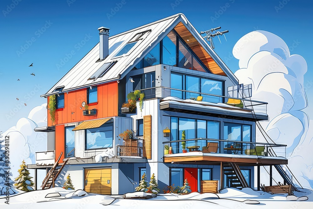 Passive house with airtight construction, flat design, side view ...