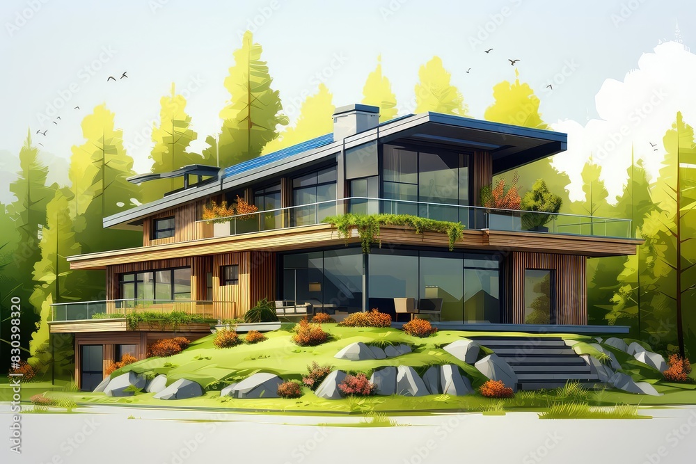 Passive house with green roof, flat design, side view, environmental ...
