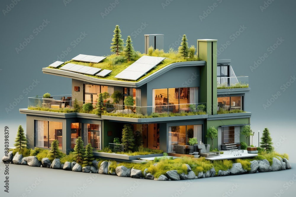 Passive house with green roof, flat design, side view, environmental ...
