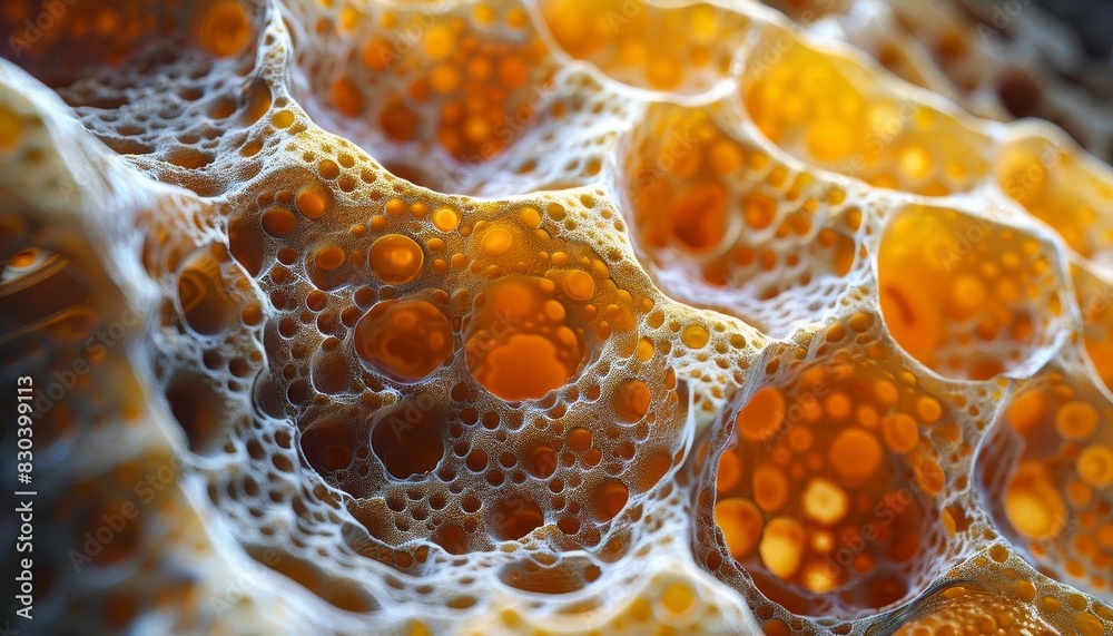 A highly magnified image of healthy bone marrow cells, showing a ...