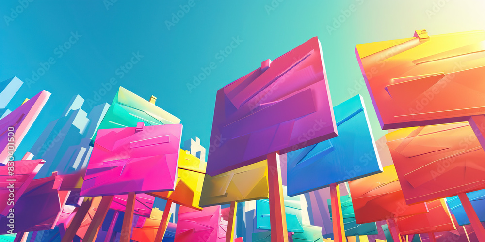 Signs (Various Colors): Simple, abstract shapes resembling protest ...