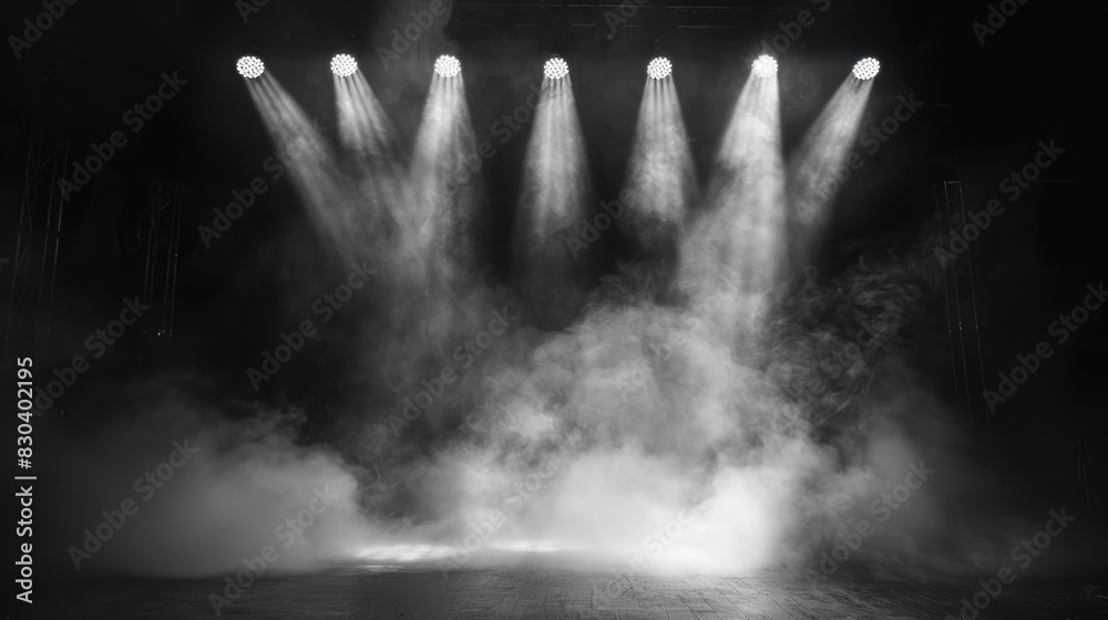 Spotlight concert stage or theater with smoke volume black and white ...