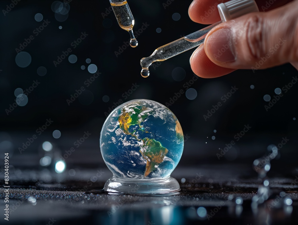 A hand is pouring liquid into a globe that is shaped like the Earth ...