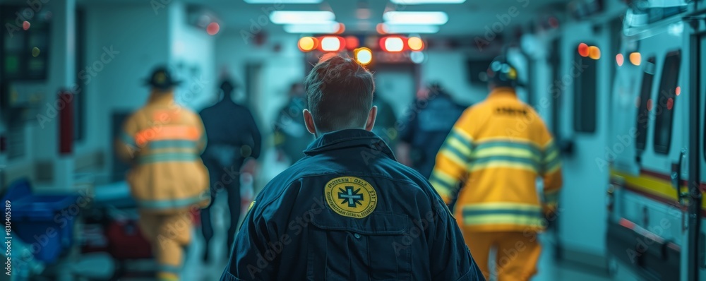 Emergency personnel, including paramedics and firefighters, in a ...