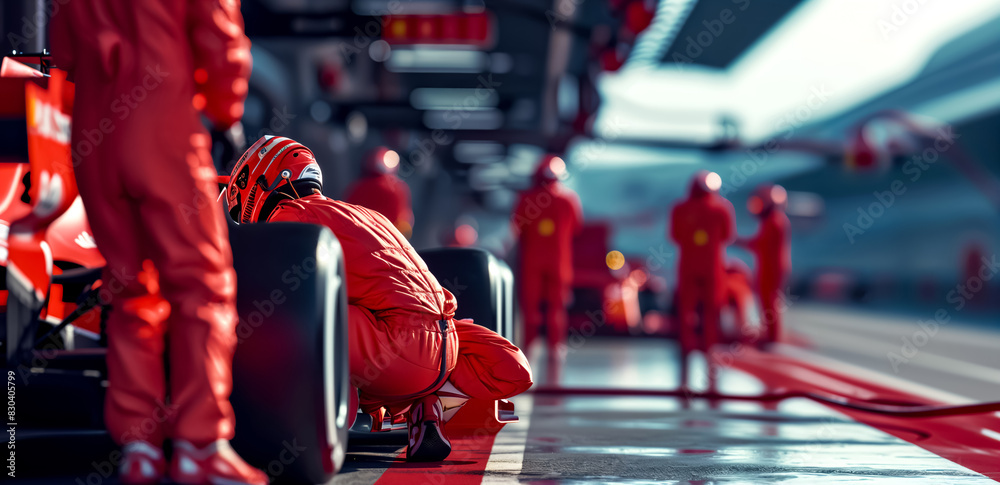 Formula One Race Car Pit Stop with Crew in Red Jumpsuits, Competition ...