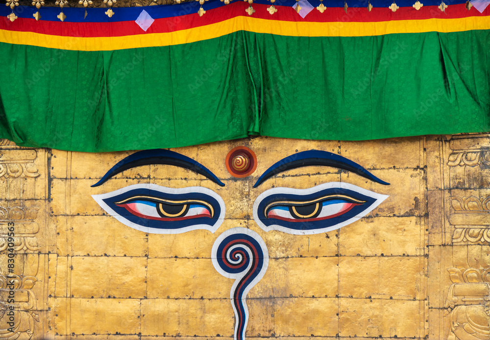 Close up of the wisdom eyes on Swayambhunath stupa in Kathmandu, Nepal ...
