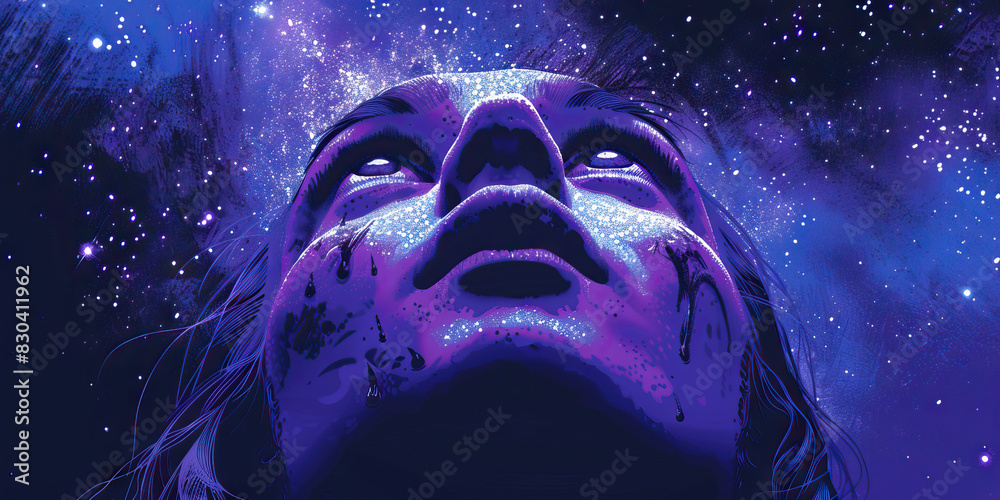 The Cosmic Gaze: A figure, their face upturned towards an inky night ...
