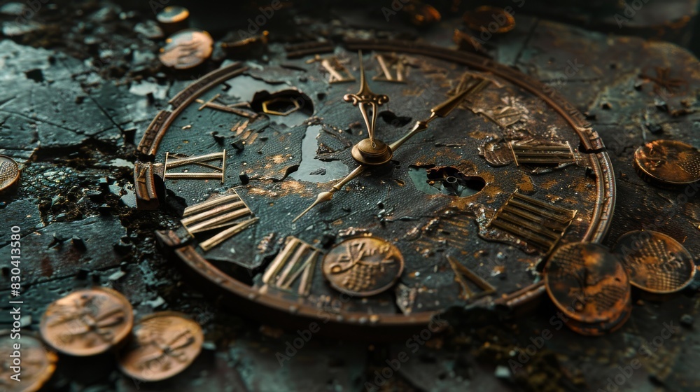 Broken clock showcasing decay with rusted coins around it on a dark ...
