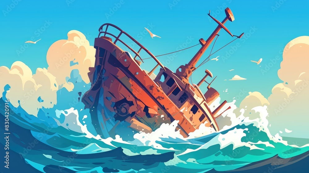 Illustration of a shipwreck icon in a cartoon 2d style showcasing an ...