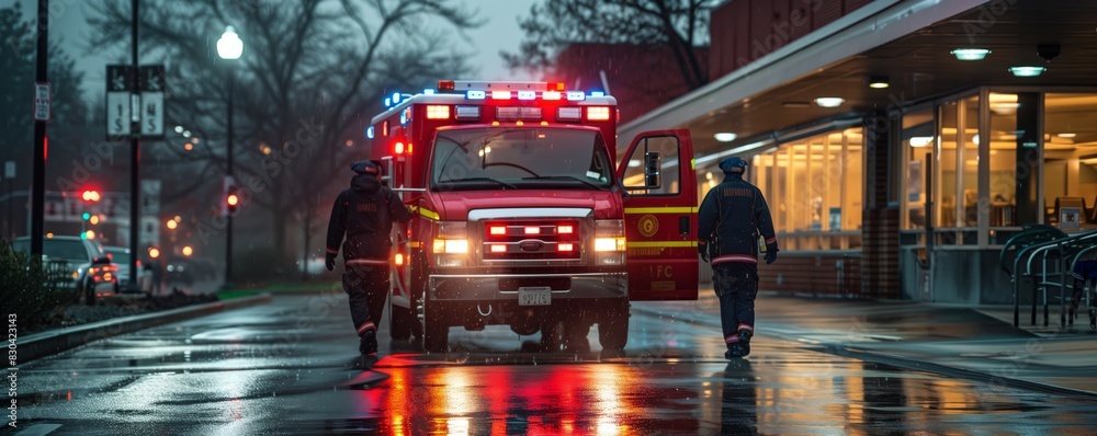 Ambulance crew in action responding to an emergency outside a building ...