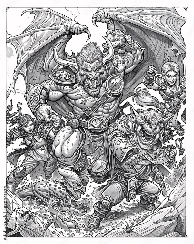 black and white illustration of a group of adventurers fighting ...