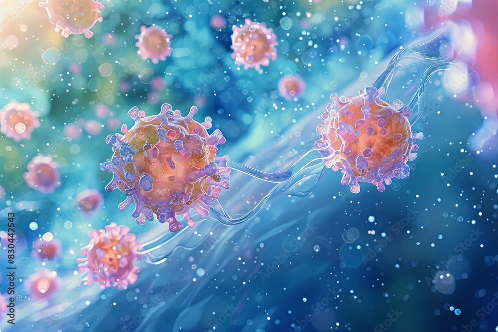 This is an illustration of a virus. The virus is pink and round, with a ...