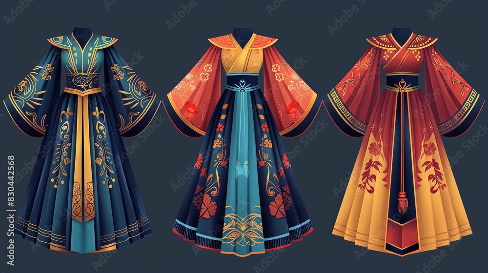Three cheongsams with traditional patterns. The cheongsam is a ...