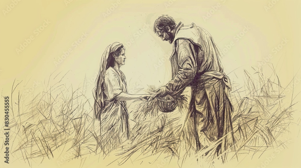 Biblical Illustration: Ruth and Boaz's Love, Field Gleaning, Acts of Kindness, Beige Background ...