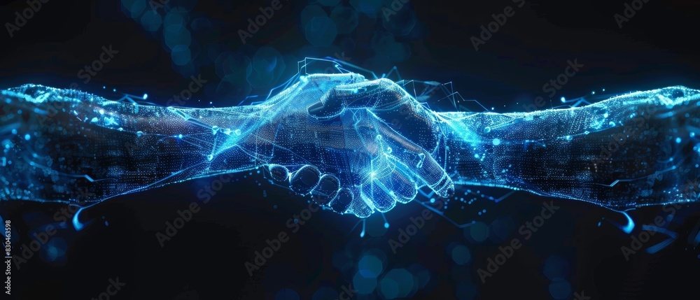 Futuristic hands with blue neon aura fist bumping, dark background ...
