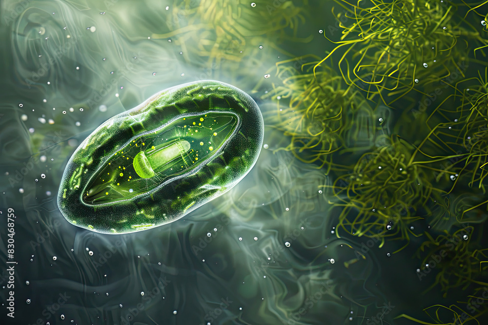 Paramecium bursaria with green algae swimming in pond water, soft light ...