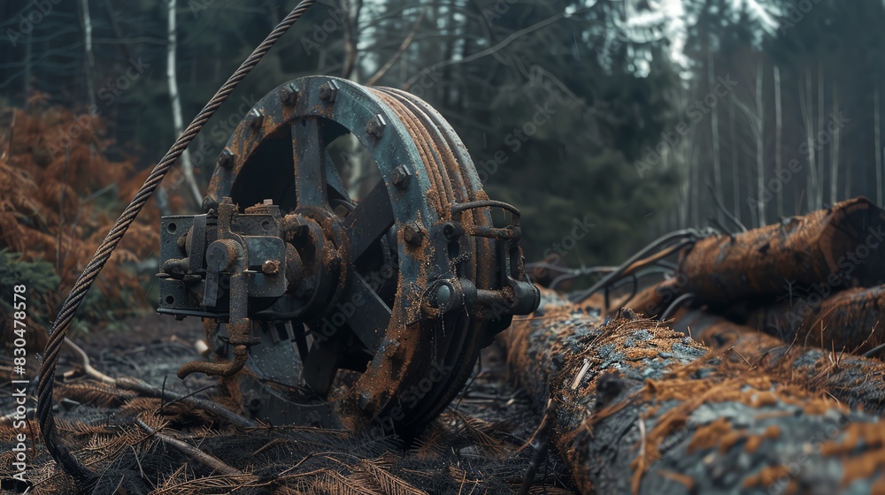 Forestry winch with a cable drum, pulling logs, capturing the rugged ...