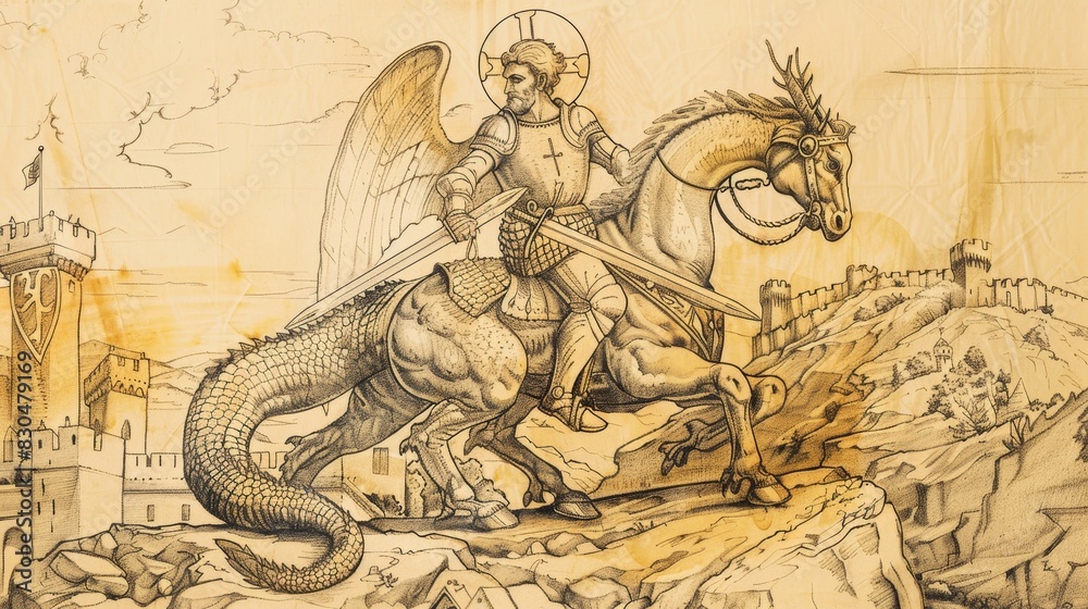 Biblical Illustration of St. George Slaying Dragon in Medieval ...