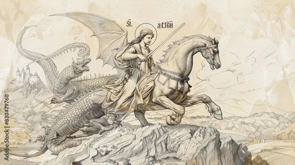 Biblical Illustration of St. George the Martyr Slaying Dragon in ...