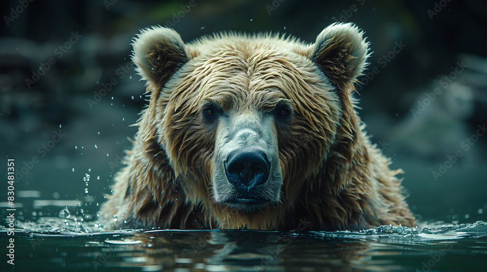 A wet grizzly bear struggling to survive in rising floodwaters,the ...