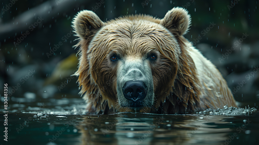 A wet grizzly bear struggling to survive in rising floodwaters,the ...