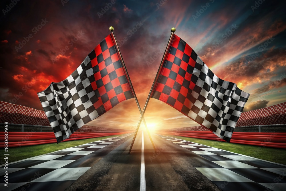 Two checkered flags are flying in the air, one on the left and one on ...