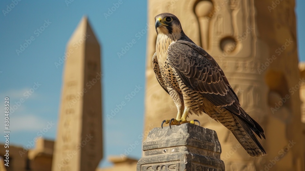 Amidst the ancient ruins of Luxor, a majestic falcon perches atop a ...