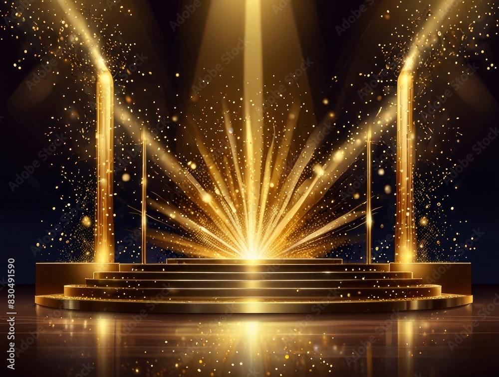 Gold stage scene with glitter light effects decorations and bokeh ...