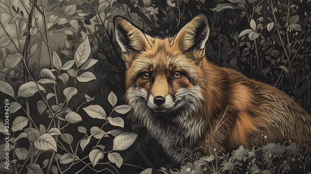 engraving of a fox in a woodland setting with fine line work, blending ...