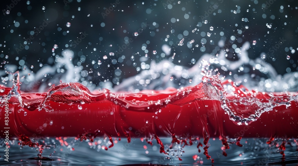 High-detail image of water bursting from a damaged red plastic pipe ...