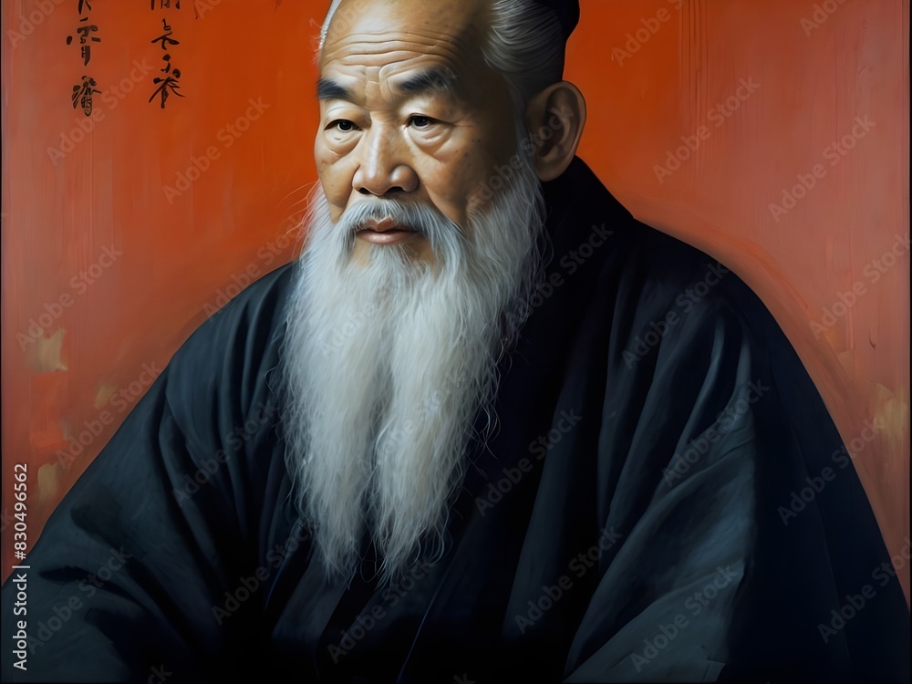 Portrait of an ancient Chinese philosopher with a large grey beard and ...