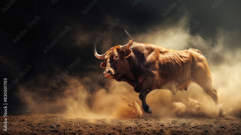 Charging brown bull in motion kicking up dust. Dynamic studio action ...