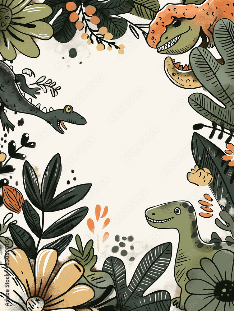 Cute card template and frame with dinosaurs, dino background, post card ...