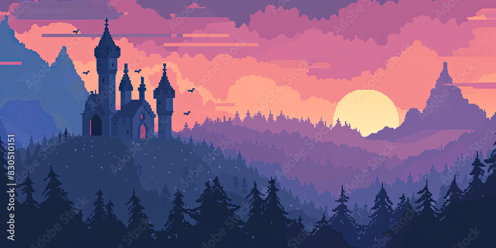Castle background, video game style illustration castles towers 8-bit ...