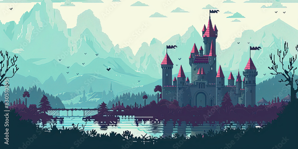 Castle background, video game style illustration castles towers 8-bit ...