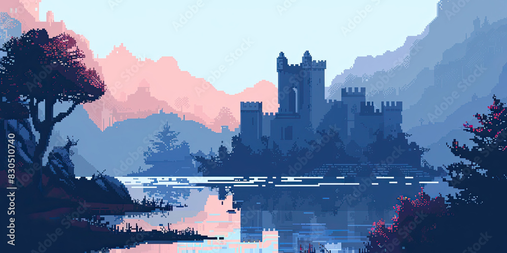 Castle background, video game style illustration castles towers 8-bit ...