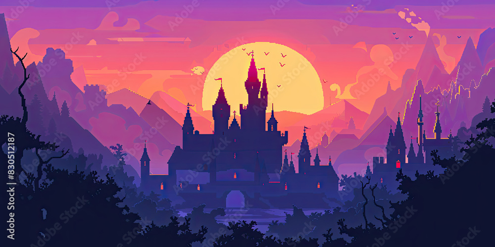 Castle background, video game style illustration castles towers 8-bit ...