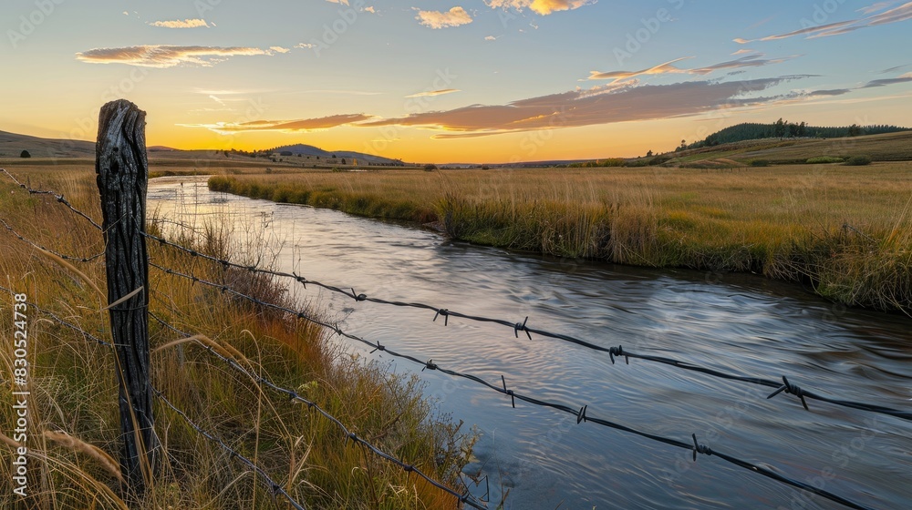 Barbed wire casting long shadows in the sunset, calm river flowing ...