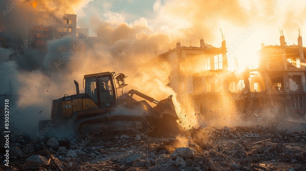 Bulldozer tearing down an urban building, dense smoke clouding the area ...