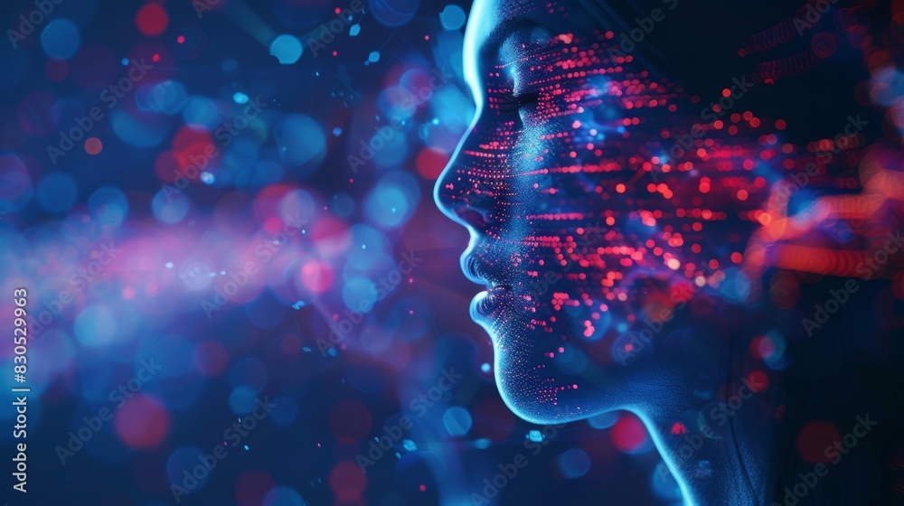 Double exposure of a close-up of vocal cords and a high-tech voice ...