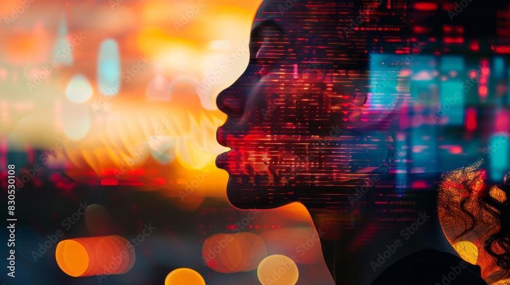 Double exposure of a speaking person's silhouette and an advanced voice ...