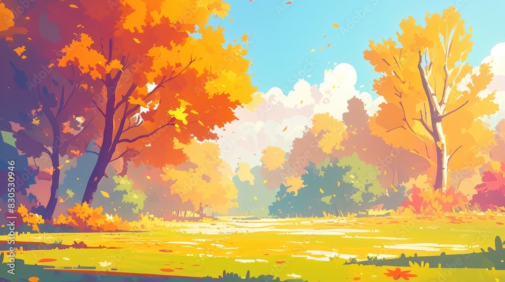 Illustration depicting a cartoon style autumn landscape background with ...