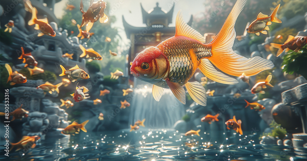 Front view of a giant goldfish swimming over a majestic golden dragon ...