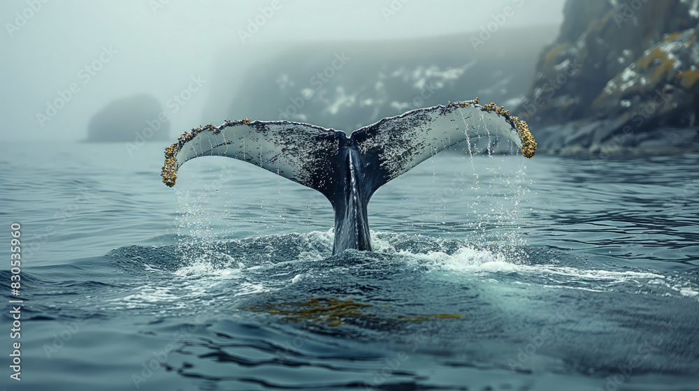 Seascape with Whale tail. Stunning gray whale tale of the tranquility ...