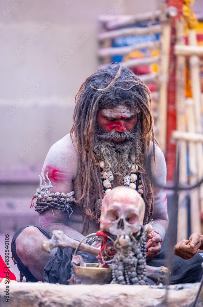 Portrait of an naga aghori sadhu holy man with pyre ash on his face and ...