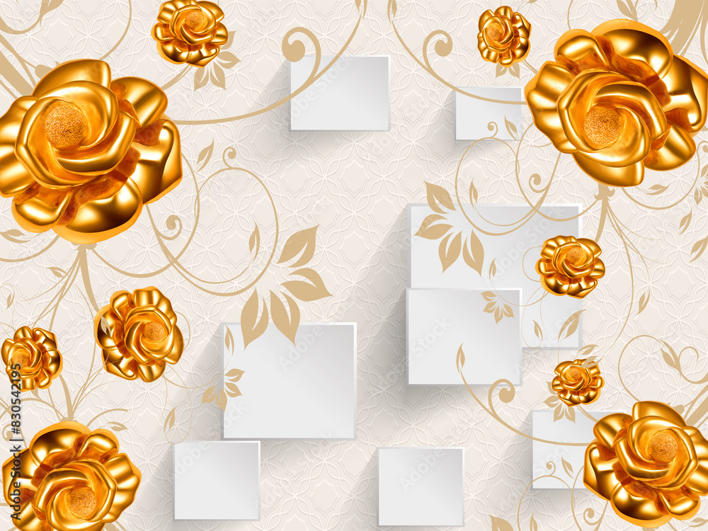 Background with golden Roses, floral wallpaper, 3D Room Wallpaper With ...