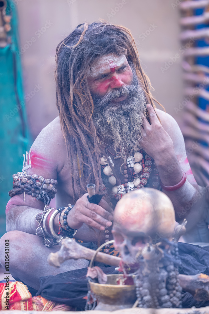 Portrait of an naga aghori sadhu holy man with pyre ash on his face and ...