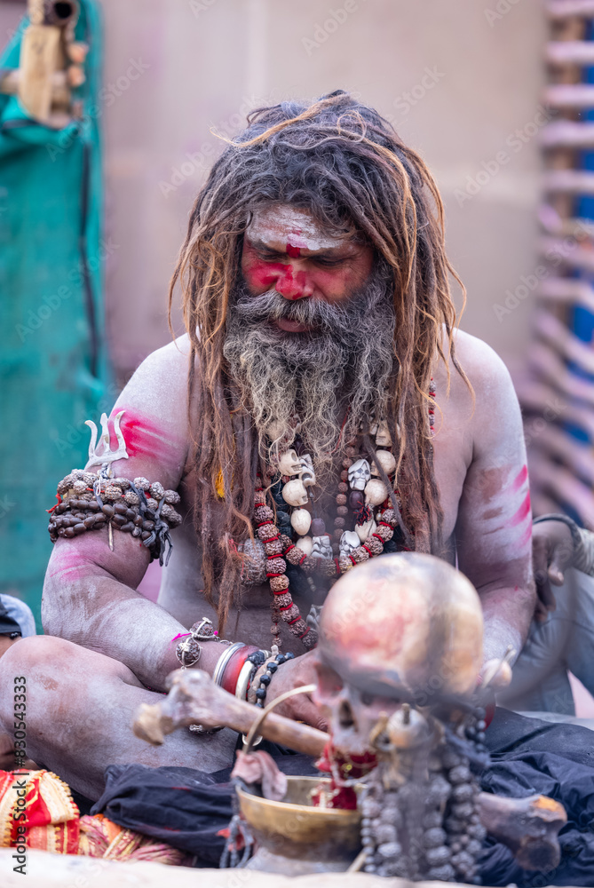 Portrait of an naga aghori sadhu holy man with pyre ash on his face and ...